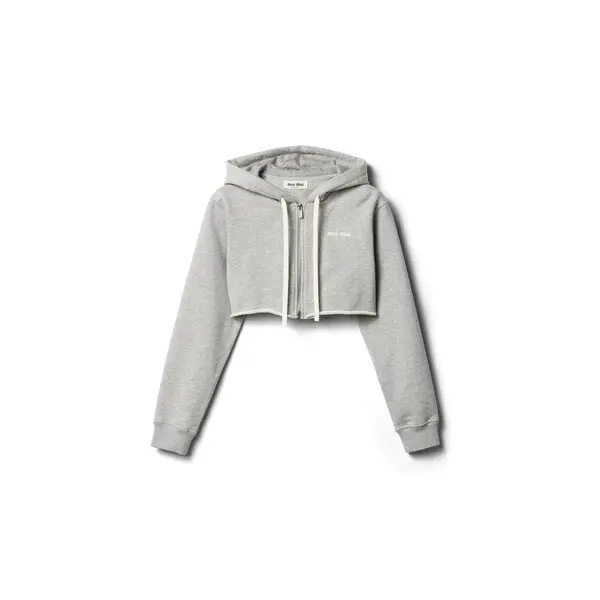 Miu Miu Cropped Zip-up Hoodie With Embroidered Logo - Grey
