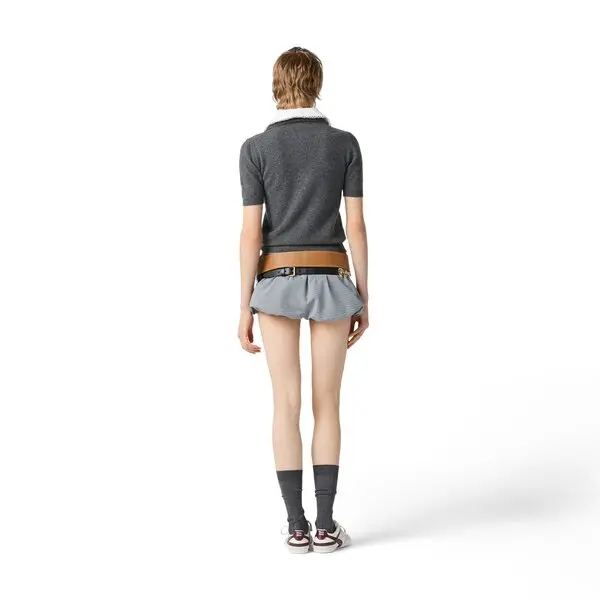 Miu Miu Cashmere Polo With Embroidered Poplin Collar - Slate Gray