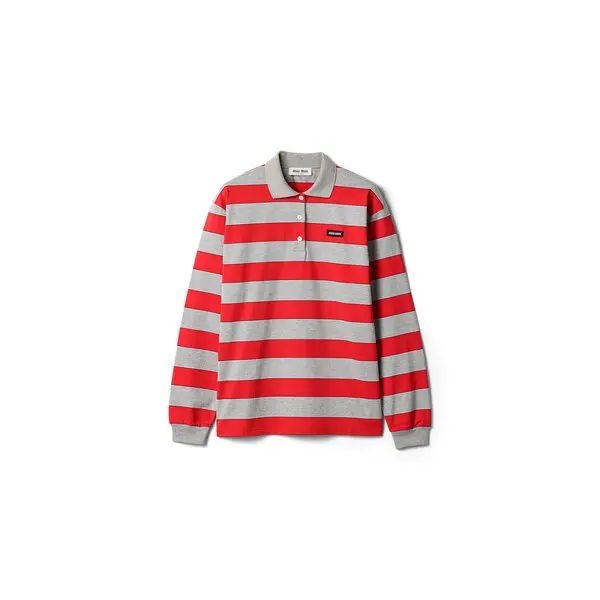 Miu Miu Striped Jersey Long Sleeve Polo Shirt