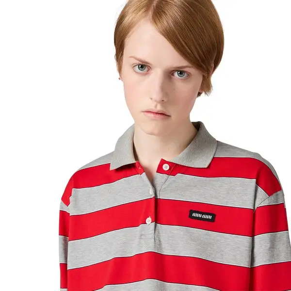 Miu Miu Striped Jersey Long Sleeve Polo Shirt