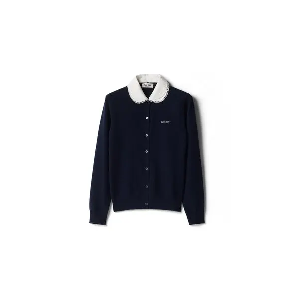 Miu Miu Cashmere Cardigan With Embroidered Poplin Collar - Navy