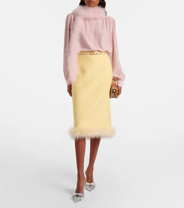 Valentino Garavani Crepe Couture Feather-trimmed Pencil Skirt - Yellow