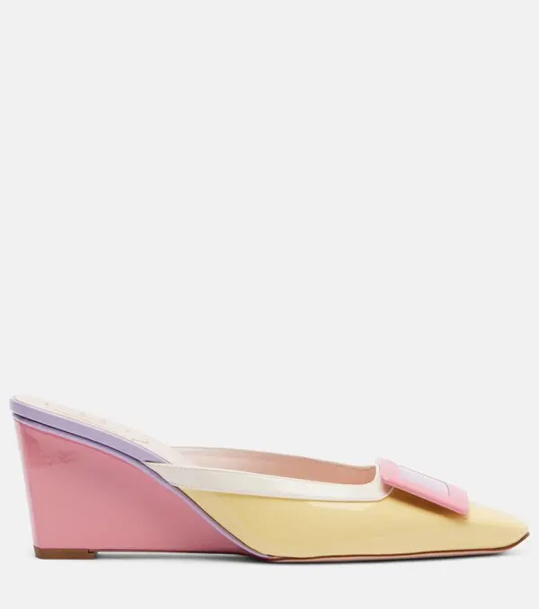ROGER VIVIER Belle Vivier Patent Leather Wedge Mules - Multicoloured