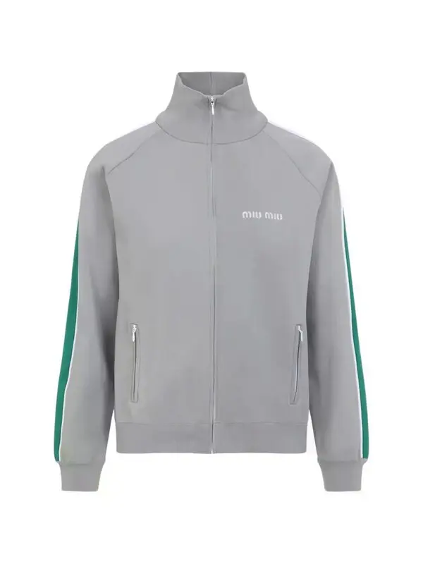 Miu Miu Funnel Neck Zip-up Sweatshirt With Striped Sleeves