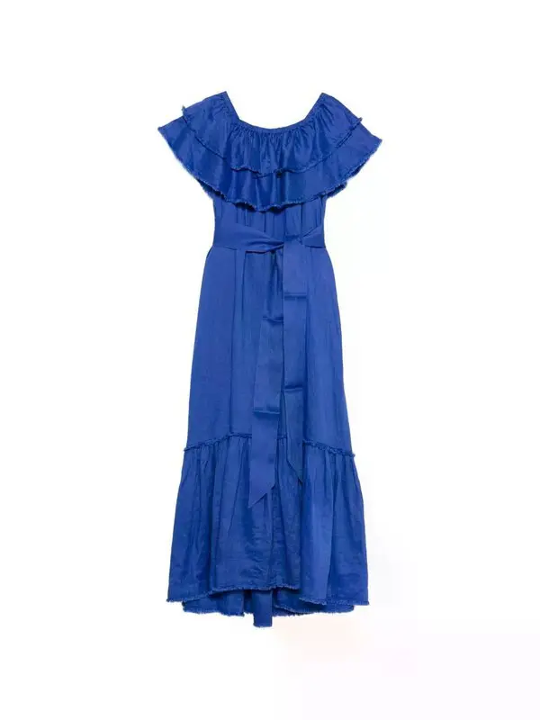 P.a.r.o.s.h Tie-belt Maxi Dress With Off-shoulder Ruffled Detail - Blue