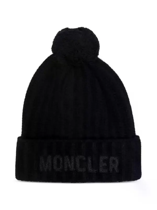 Moncler Ribbed Knit Beanie Hat With Pompom - Black