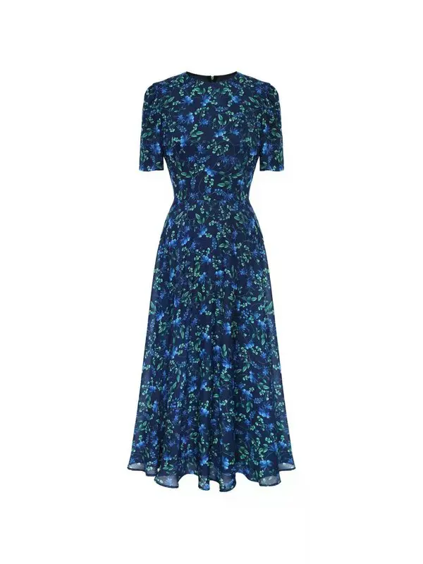 POST MERIDIEM Floral Print Short Sleeve Midi Dress - Blue