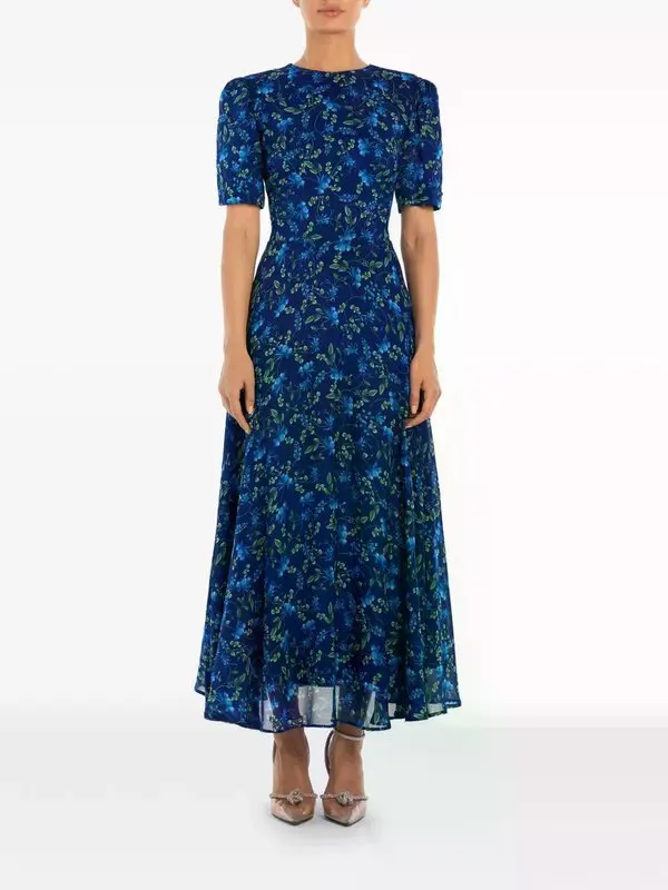 POST MERIDIEM Floral Print Short Sleeve Midi Dress - Blue