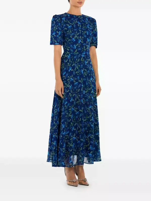 POST MERIDIEM Floral Print Short Sleeve Midi Dress - Blue