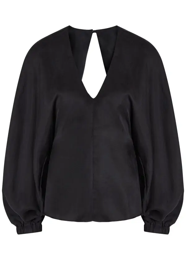 AKYN Draped Woven Blouse With Balloon Sleeves - Black