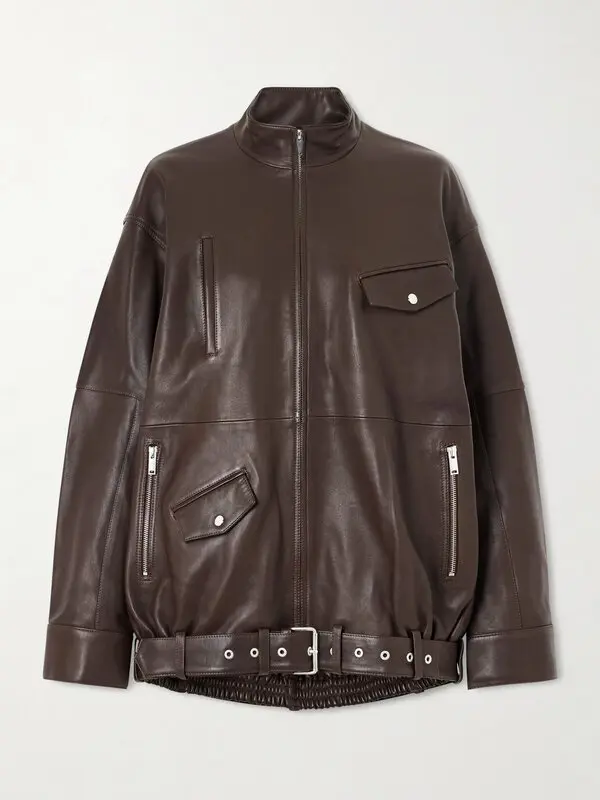 Tibi Belted Leather Bomber Jacket - Brown