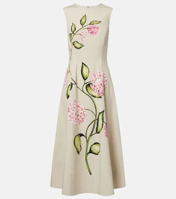 Oscar De La Renta Porcelain Cotton-blend Poplin Midi Dress - Multicoloured