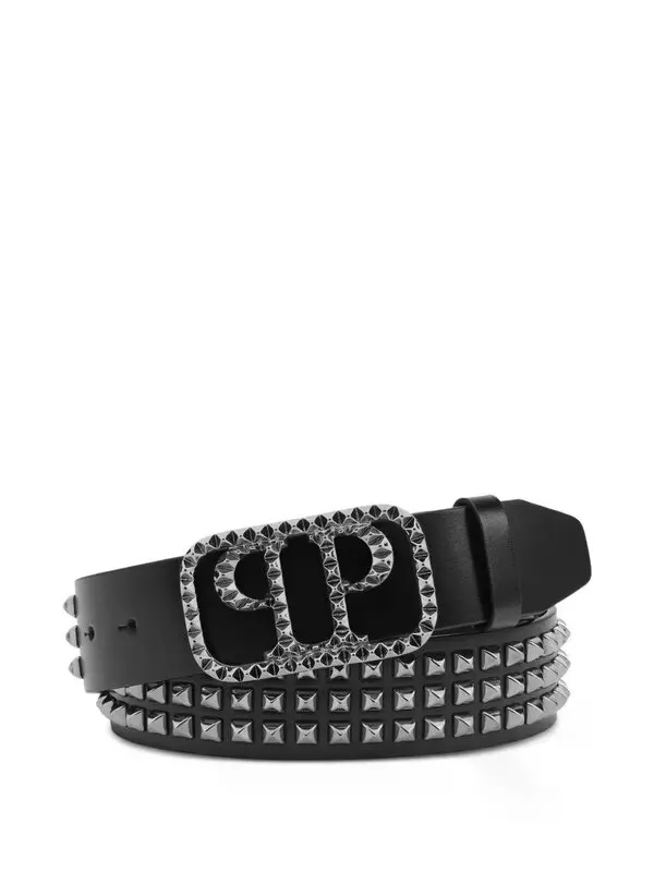 Philipp Plein Studded Leather Belt With Logo Buckle - Black