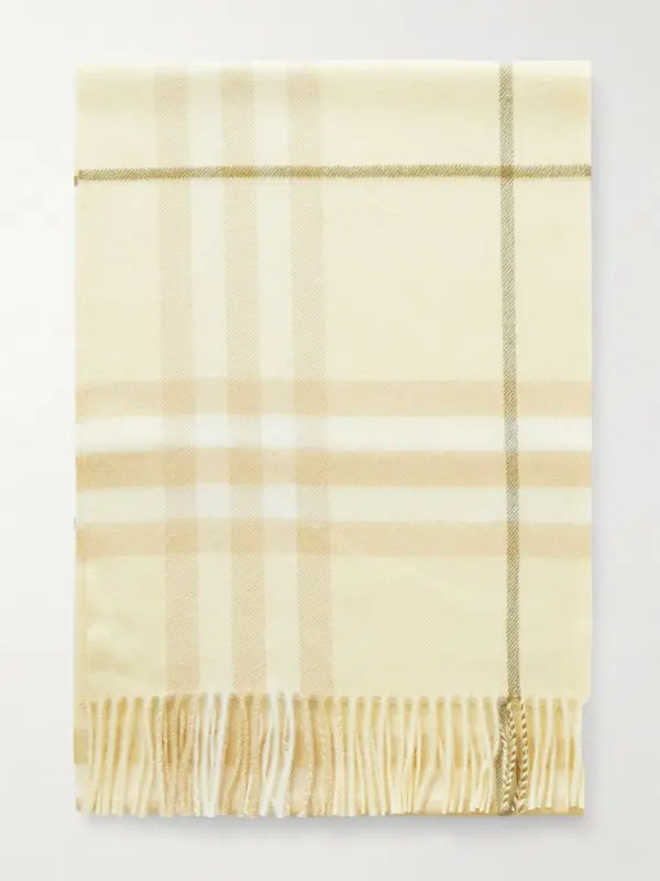 Burberry Fringed Checked Cashmere Scarf - Yellow