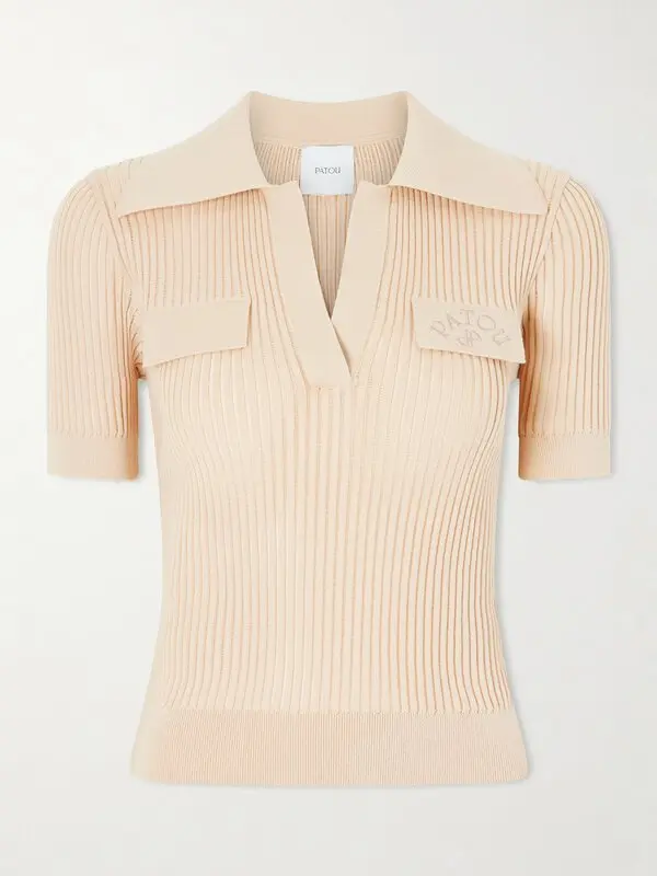 PATOU Embroidered Ribbed Cotton Polo Shirt - Neutrals