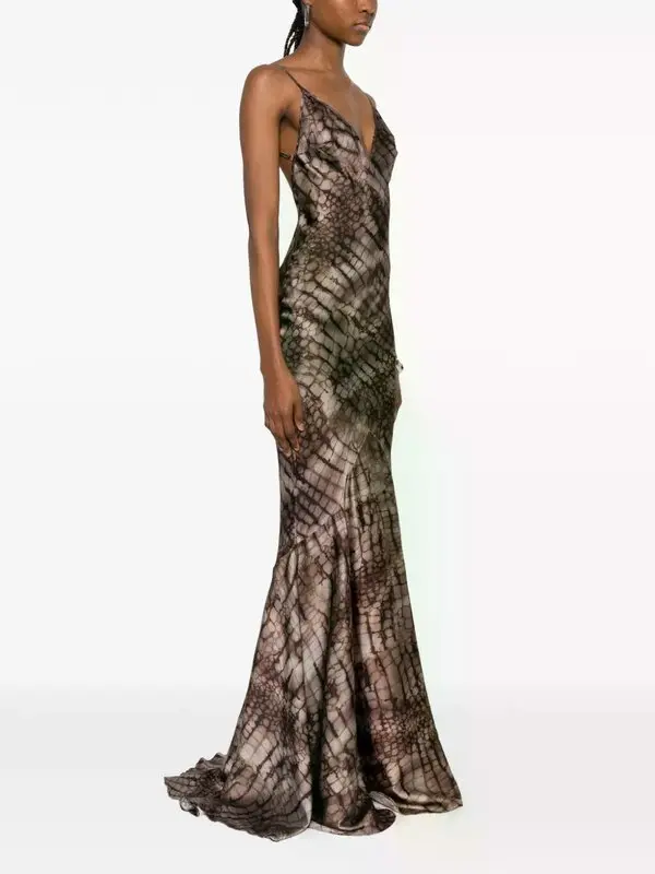Elisabetta Franchi Stretch Satin Alligator Print Maxi Dress