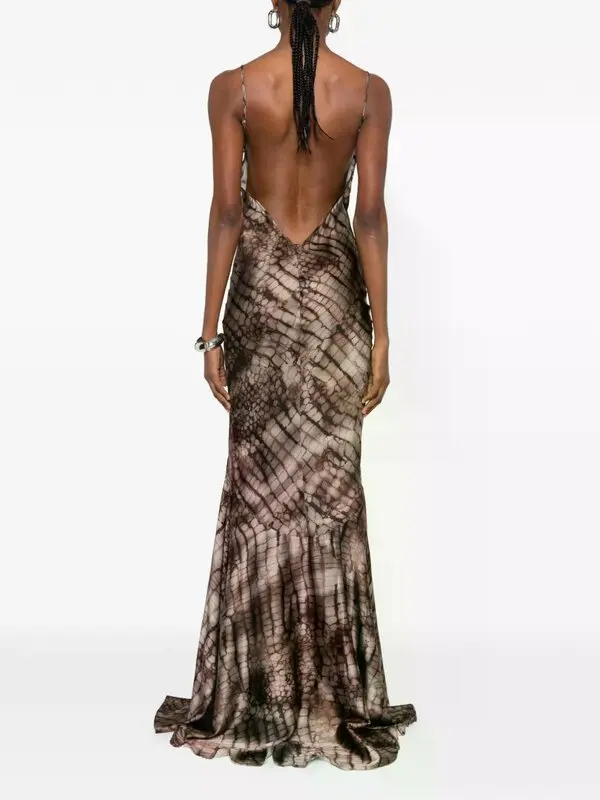 Elisabetta Franchi Stretch Satin Alligator Print Maxi Dress