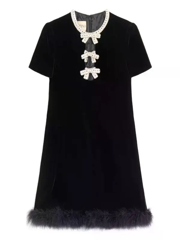 Valentino Garavani Mini Feather Trimmed Embroidered Bow Dress - Black