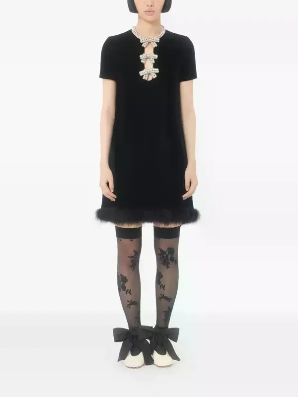 Valentino Garavani Mini Feather Trimmed Embroidered Bow Dress