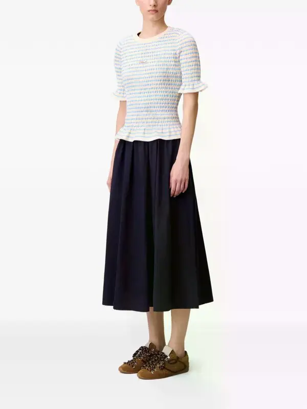 Claudie Pierlot Short-sleeved Striped Knit Top With Frill Trim - Neutrals