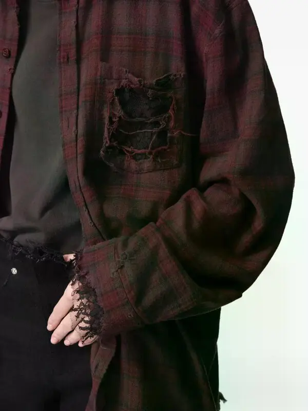 ARTICLE TEN Distressed Plaid Shirt With Burgundy Accents