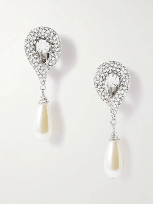 Alessandra Rich Crystal And Pearl-like Clip Earrings - Silver