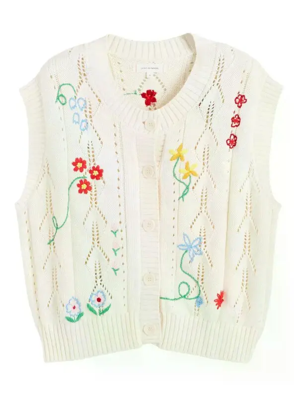 Chinti & Parker Sleeveless Cable Knit Cardigan With Floral Embroidery - Neutrals