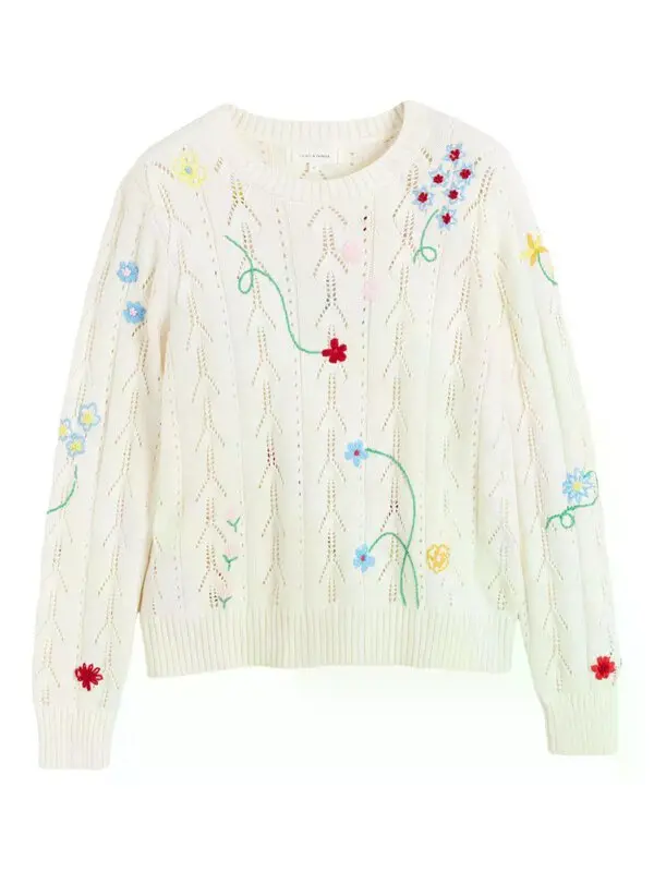 Chinti & Parker Floral Embroidered Pointelle Knit Sweater - Neutrals