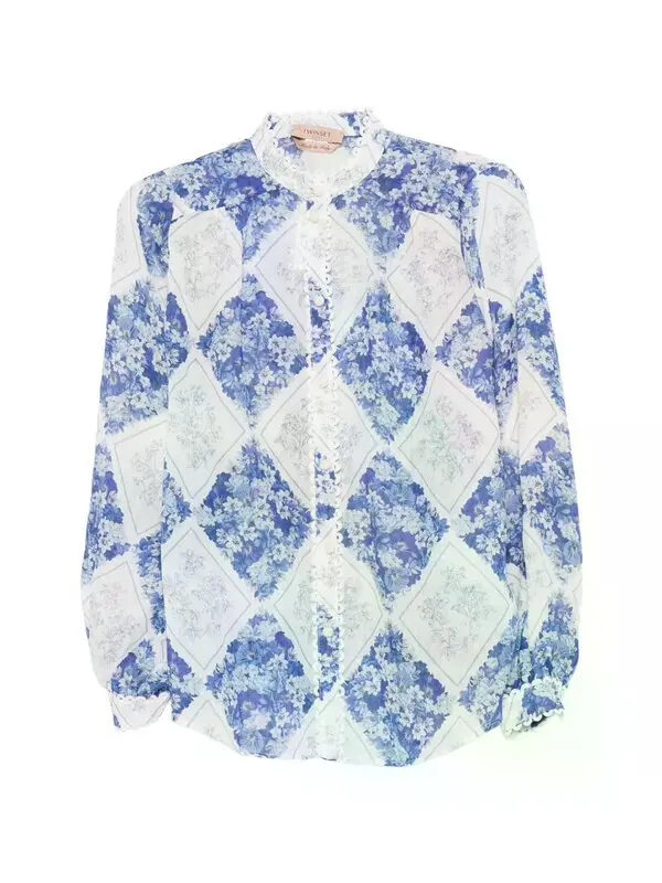TWINSET Floral Print Ramie Long Sleeve Shirt - Blue