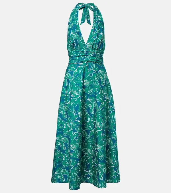Max Mara Printed Halterneck Cotton Midi Dress - Green