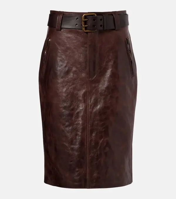 Saint Laurent Belted Leather Pencil Skirt