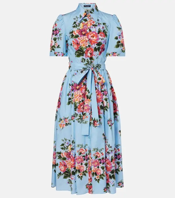 Dolce & Gabbana Floral Print Cotton Poplin Shirt Dress - Blue