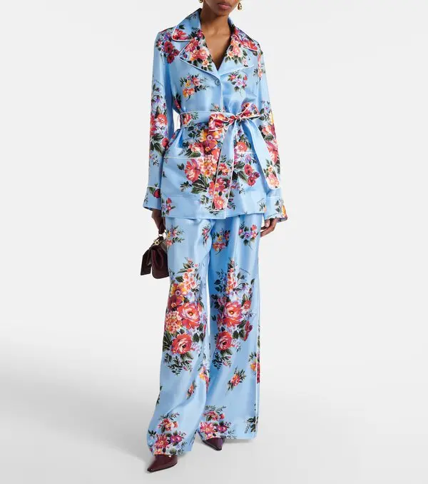 Dolce & Gabbana Floral Belted Silk Blouse - Blue