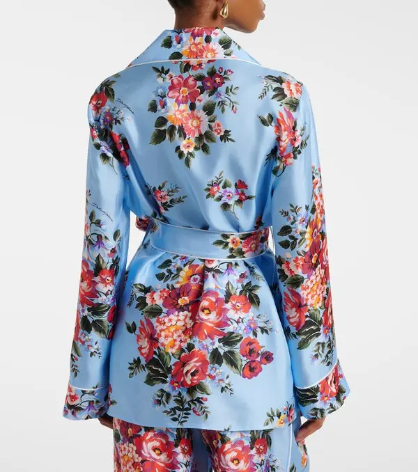 Dolce & Gabbana Floral Belted Silk Blouse - Blue