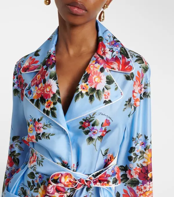 Dolce & Gabbana Floral Belted Silk Blouse - Blue