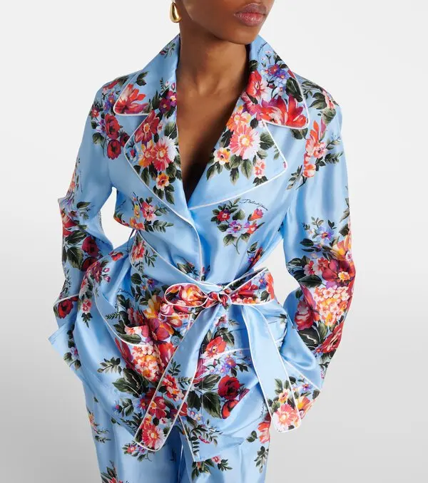 Dolce & Gabbana Floral Belted Silk Blouse - Blue