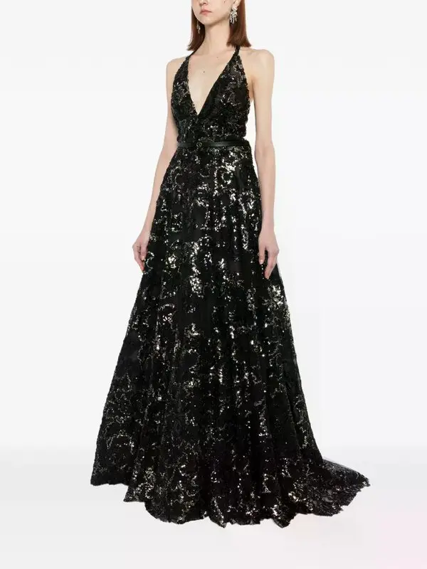 SAIID KOBEISY Embroidered Sequined Halterneck Gown