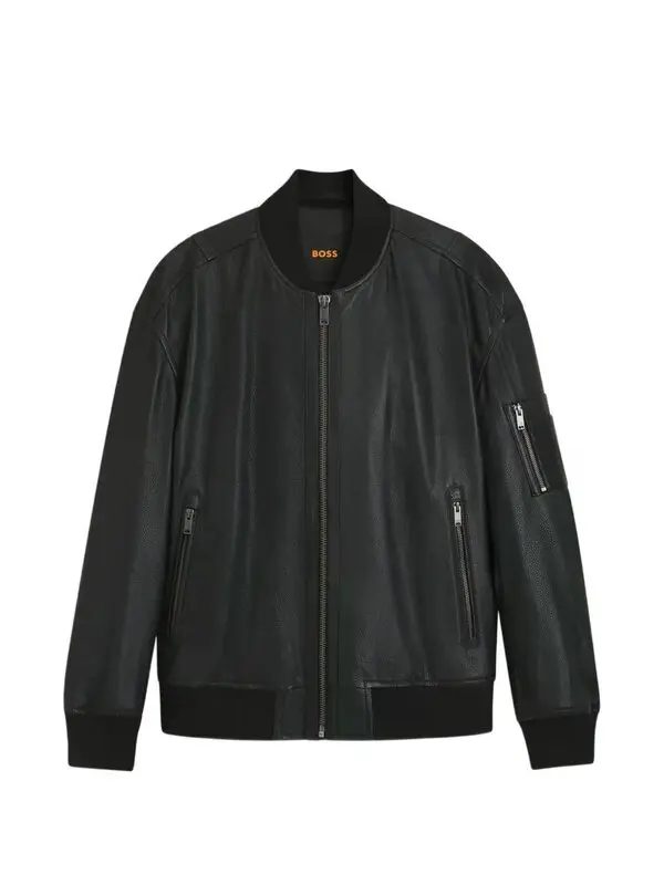 BOSS Zip-up Leather Bomber Jacket With Ribbed Details