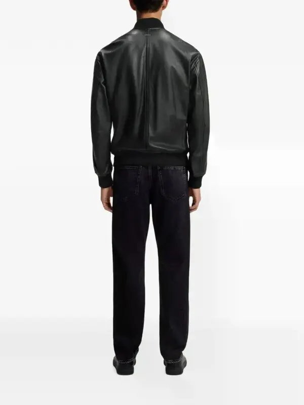 BOSS Zip-up Leather Bomber Jacket With Ribbed Details