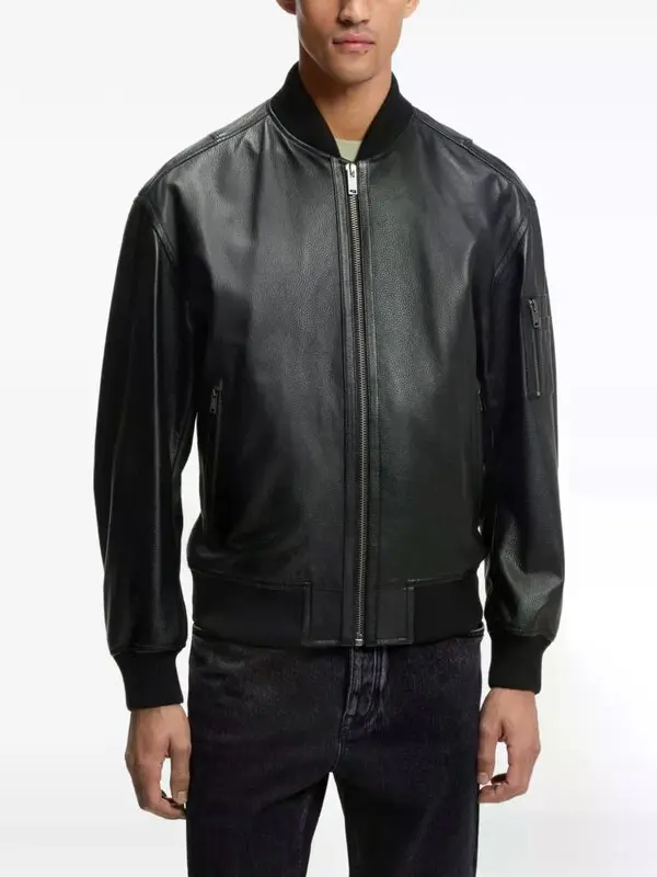 BOSS Zip-up Leather Bomber Jacket With Ribbed Details