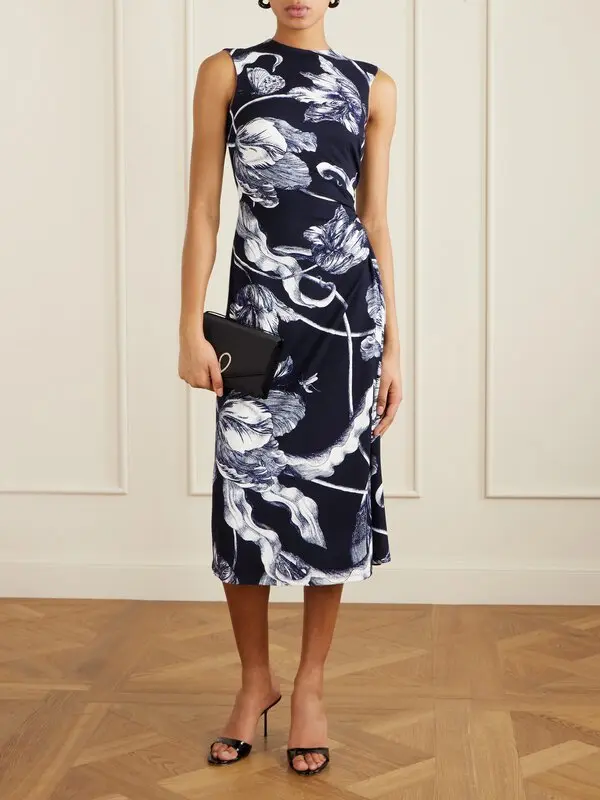 Erdem Gathered Floral-print Ponte Midi Dress