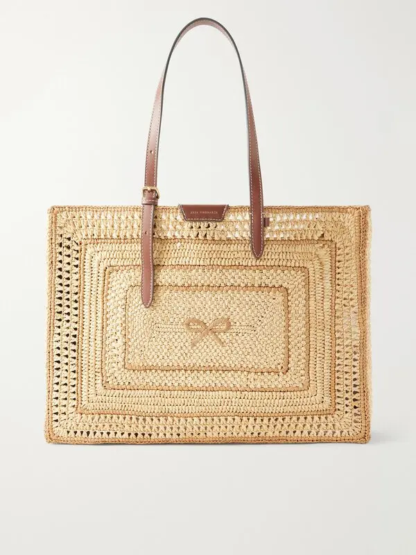 ANYA HINDMARCH Bow Leather-trimmed Raffia Tote - Neutrals