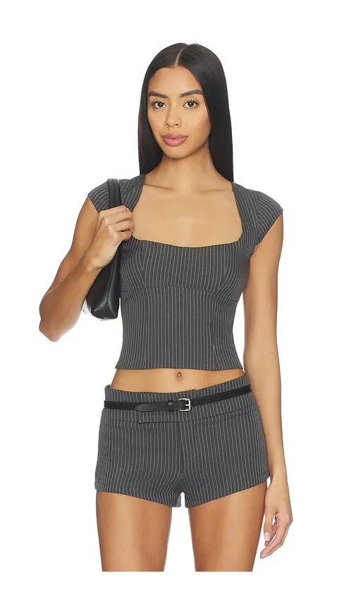 Superdown Cap Sleeve Square Neck Cropped Top With Back Tie Detail - Grey