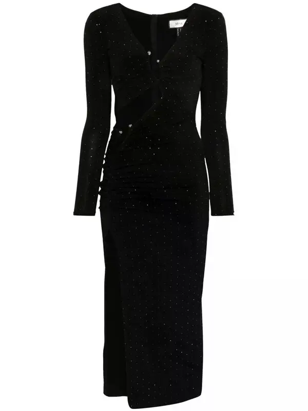 NISSA Crystal Embellished Midi Dress - Black