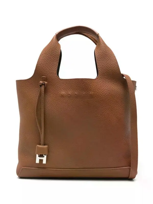 Hogan Logo Plaque Textured Tote Bag - Brown
