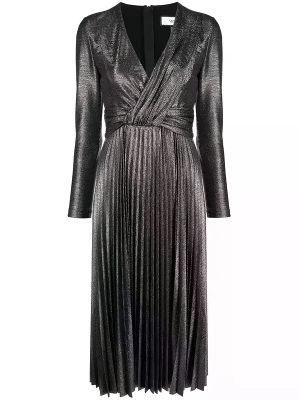 NISSA Pleated Lamé-effect Midi Dress - Silver