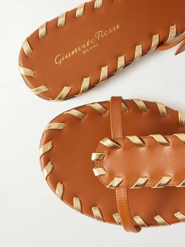 GIANVITO ROSSI Whipstitched Metallic Leather Trimmed Sandals