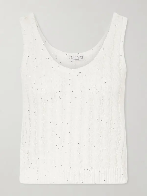 Brunello Cucinelli Sequin-embellished Open-knit Linen-blend Tank