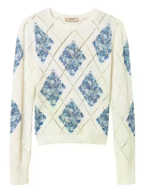TWINSET Diamond Pattern Floral Print Cotton Sweater - White