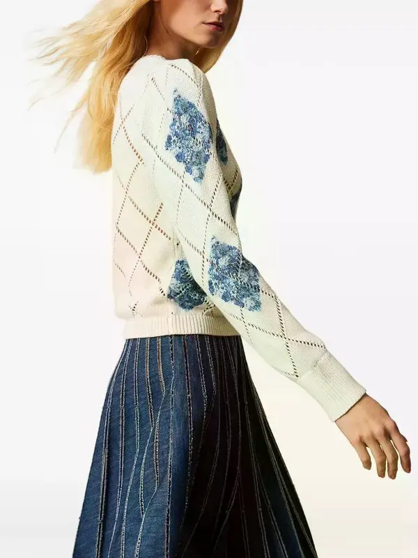 TWINSET Diamond Pattern Floral Print Cotton Sweater - White